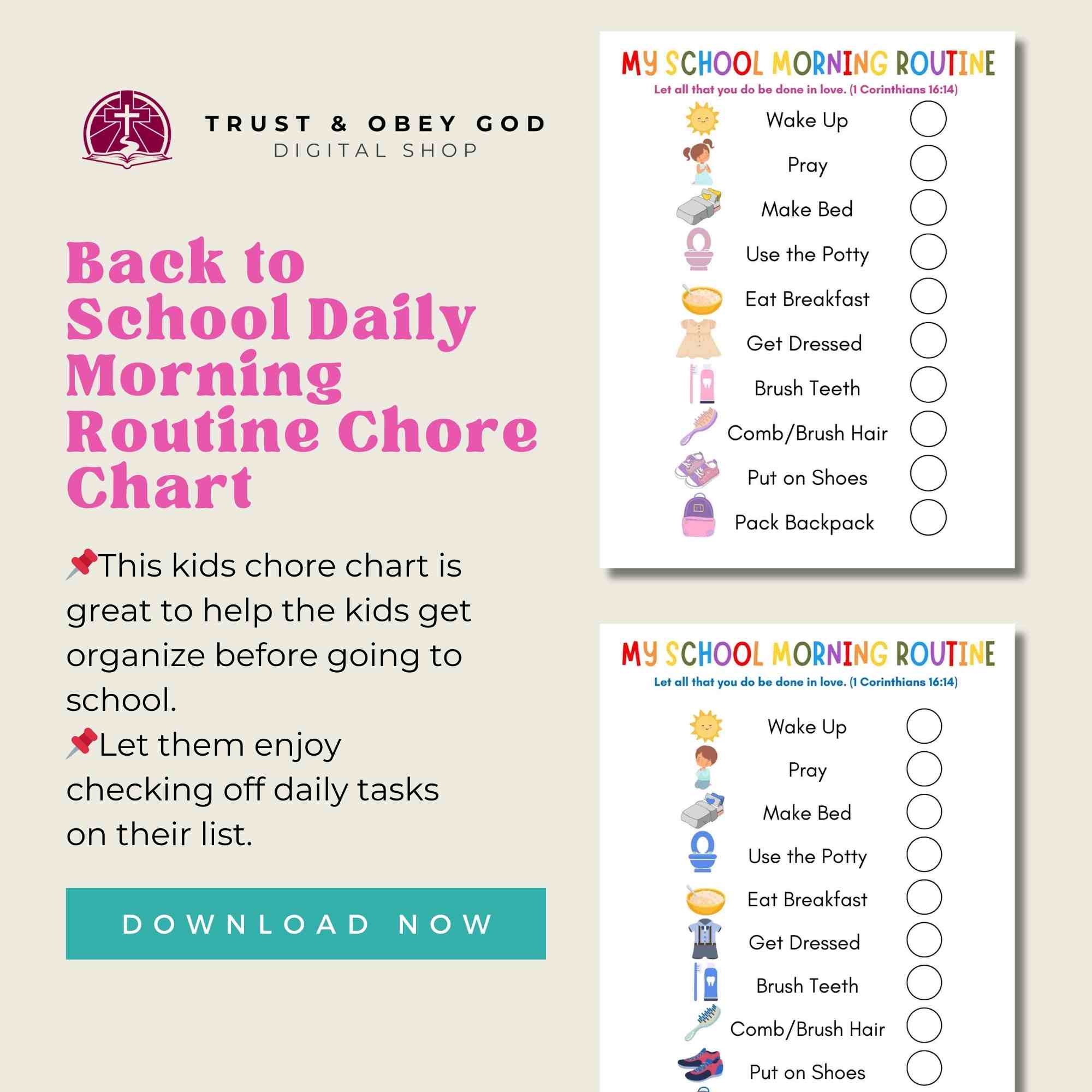 Printable Back to School Daily Morning Routine Chore Chart for Kids ...